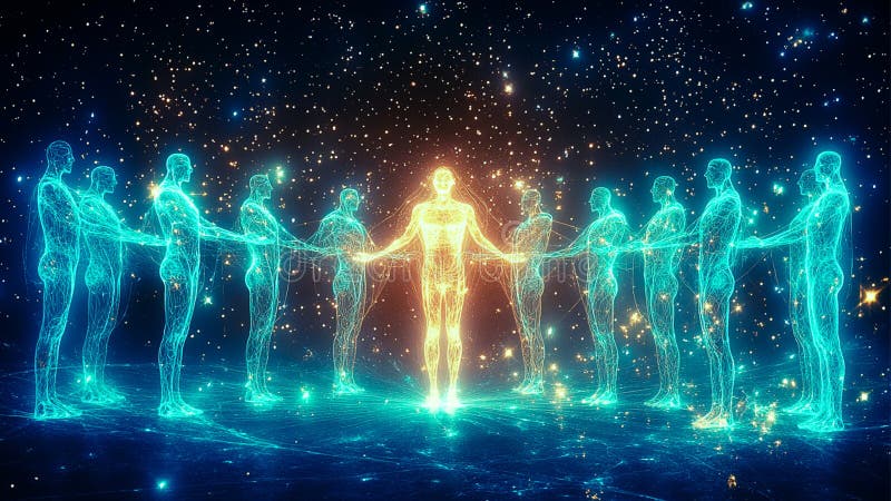 Glowing Blue Silhouette of a Network of Cosmic People Connecting in an ...