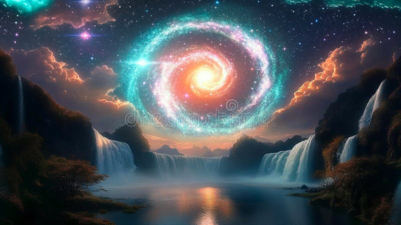 Nature Waterfalls, Rivers and Lakes Under a Cosmic Starry Sky with a ...