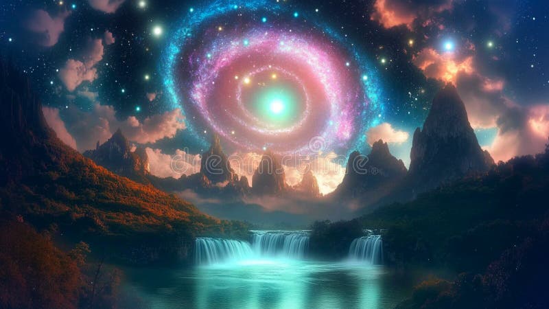 Nature Waterfalls, Rivers and Lakes Under a Cosmic Starry Sky with a ...