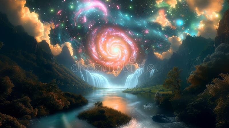 Nature Waterfalls, Rivers and Lakes Under a Cosmic Starry Sky with a ...