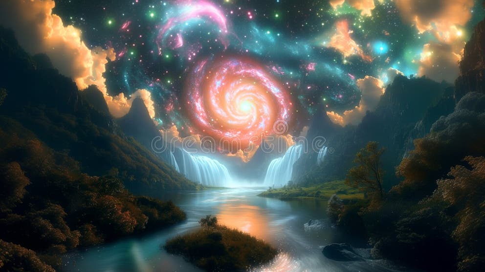 Nature Waterfalls, Rivers and Lakes Under a Cosmic Starry Sky with a ...