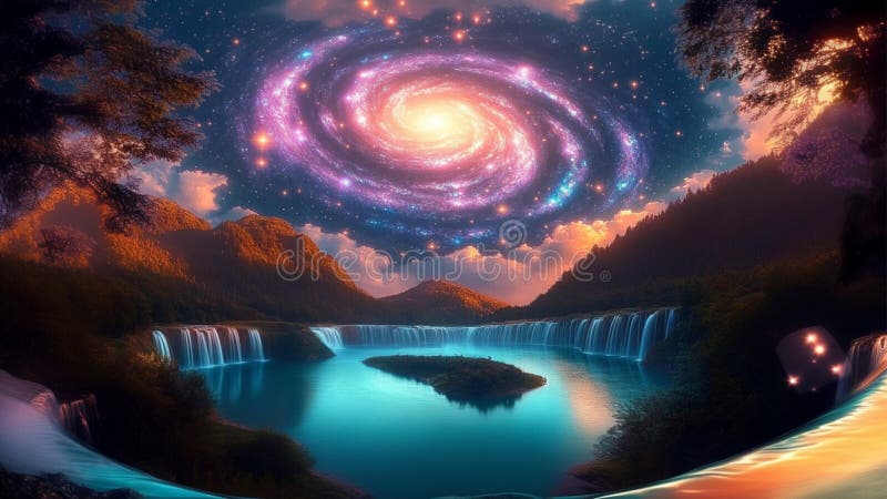 Nature Waterfalls, Rivers and Lakes Under a Cosmic Starry Sky with a ...