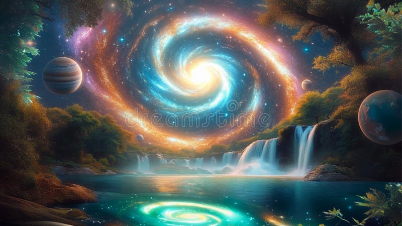 Nature Waterfalls, Rivers and Lakes Under a Cosmic Starry Sky with a ...