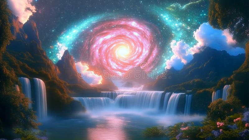 Nature Waterfalls, Rivers and Lakes Under a Cosmic Starry Sky with a ...
