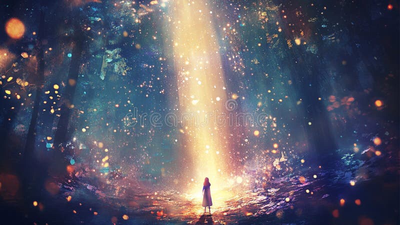 A Girl in a Fantasy Fairytale Enchanted Forest Under a Magical Sunlight ...