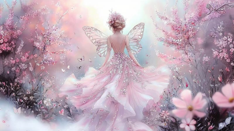 Fantasy Angelic Fairy Girl with Pink Butterfly Wings in an Enchanted ...