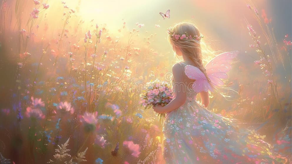 Fantasy Angelic Fairy Girl with Pink Butterfly Wings in an Enchanted ...