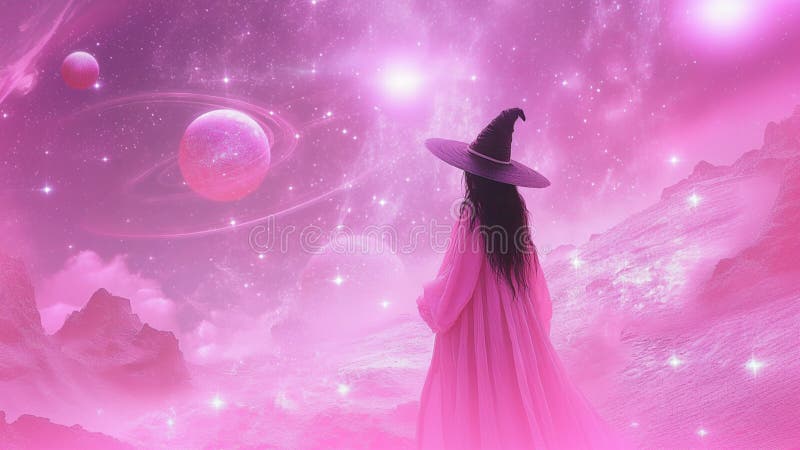 Witch Girl Surrounded by Fantasy Magical Pink Universe, Planets ...
