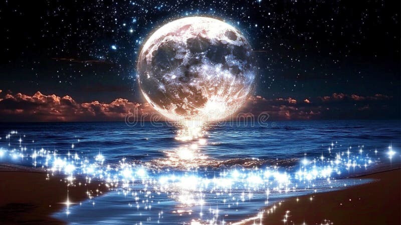 Fantasy Fairytale Magical Dreamy Ocean with a Full Moon Under a Starry ...