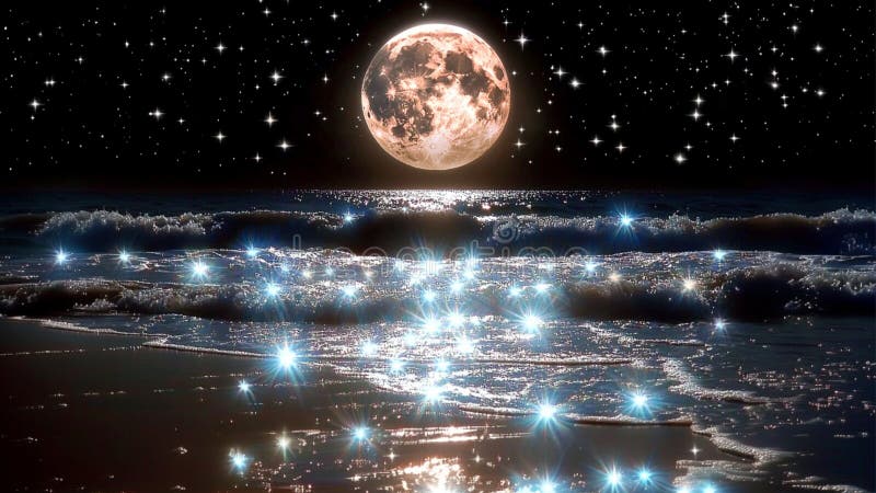 Fantasy Fairytale Magical Dreamy Ocean with a Full Moon Under a Starry ...
