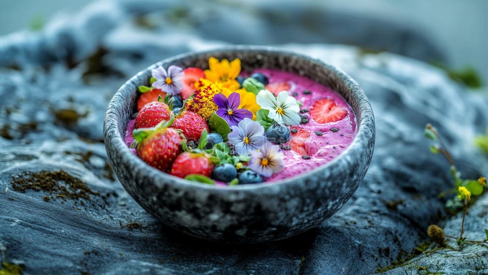 Delicious, Healthy, Antioxidant Rich Açaí Bowl with Flowers, Nuts ...
