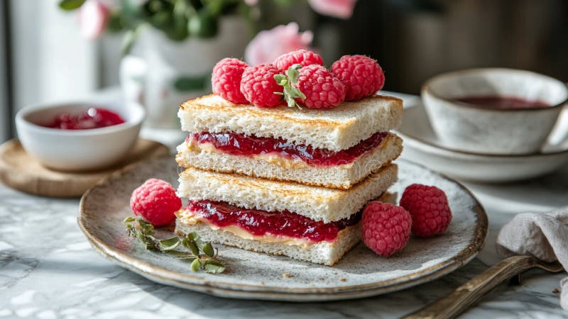 Gourmet Peanut Butter and Jam Sandwich with White Bread Slices Topped ...