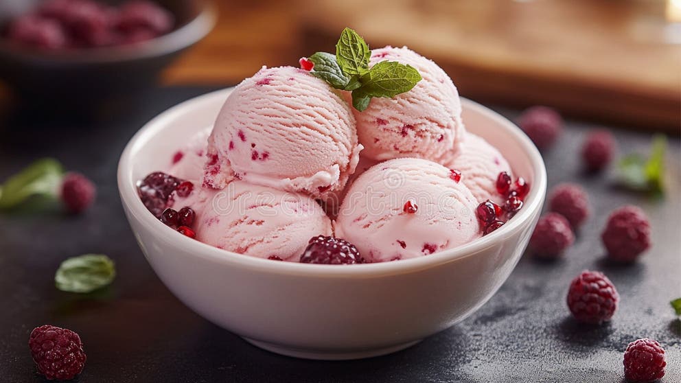 Delicious Homemade Pink Raspberry Ice Cream Scoops in a Bowl Topped ...