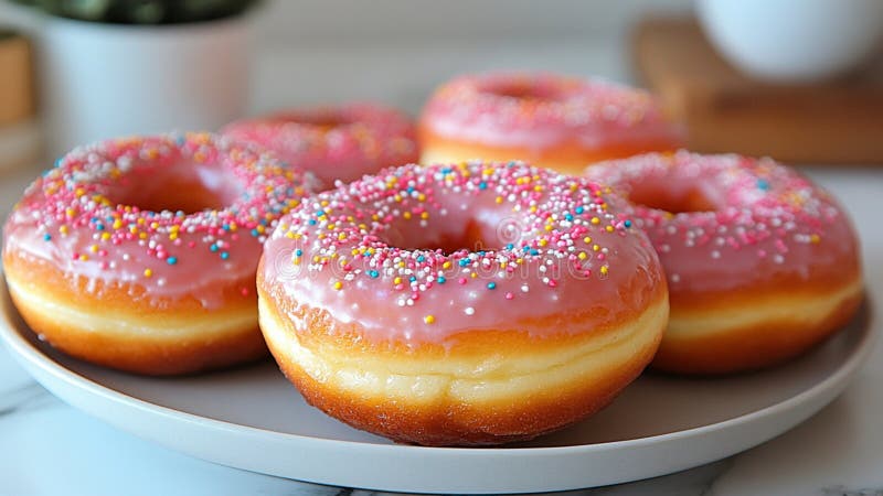 Soft, Moist, Sugary, Glazed Donuts Desserts Pastries with Pink Strawberry Frostings Icings and ...