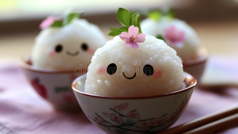 Warm Cooked White Asian Rice with a Cute Kawaii Smiley Flushed Face in ...