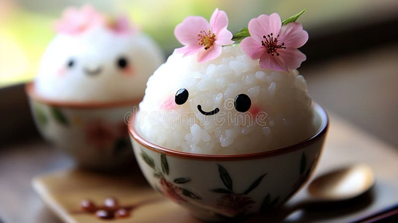 Warm Cooked White Asian Rice with a Cute Kawaii Smiley Flushed Face in ...