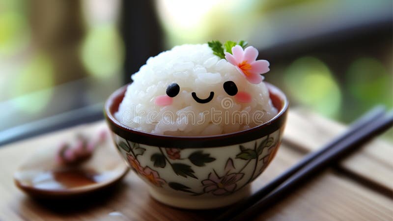 Warm Cooked White Asian Rice with a Cute Kawaii Smiley Flushed Face in ...