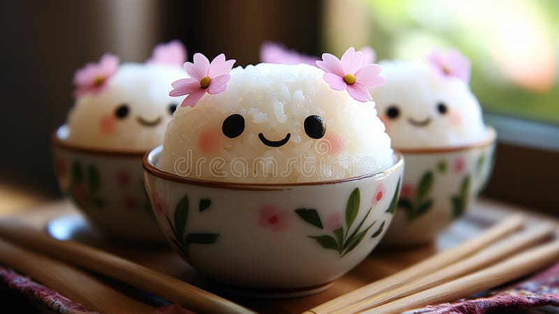Warm Cooked White Asian Rice with a Cute Kawaii Smiley Flushed Face in ...