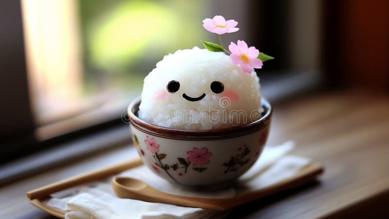 Warm Cooked White Asian Rice with a Cute Kawaii Smiley Flushed Face in ...