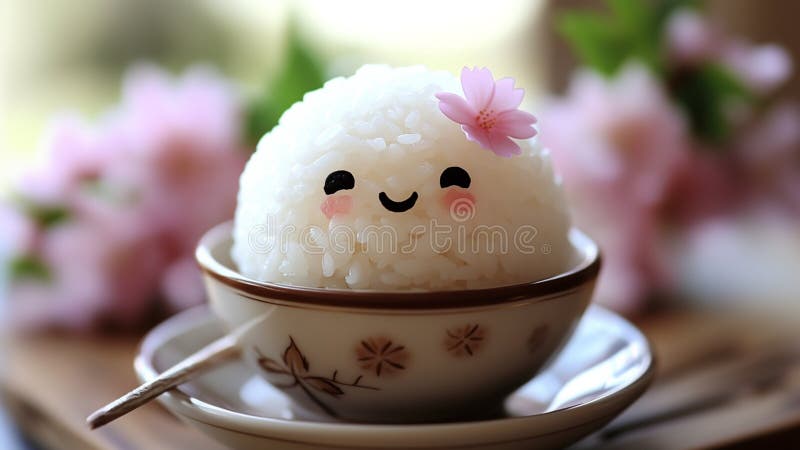 Warm Cooked White Asian Rice with a Cute Kawaii Smiley Flushed Face in ...