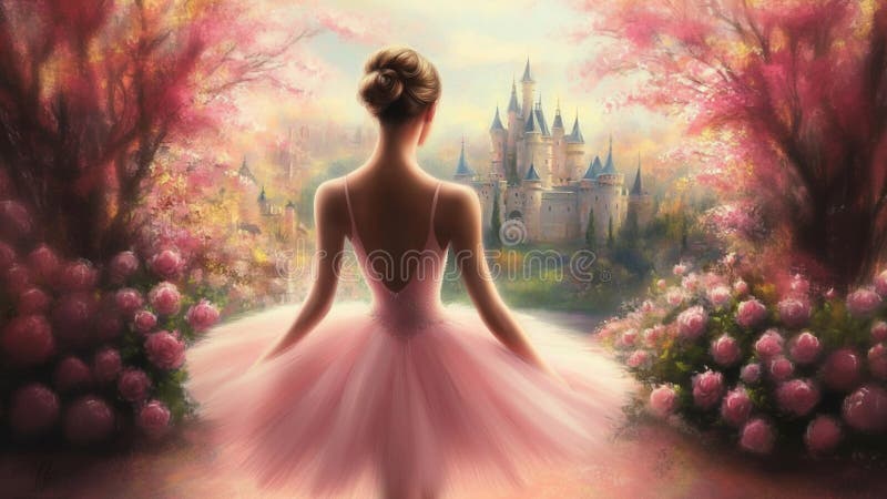 Beautiful Ballerina Dancer in a Tutu in a Fantasy Pink Rose Garden with ...