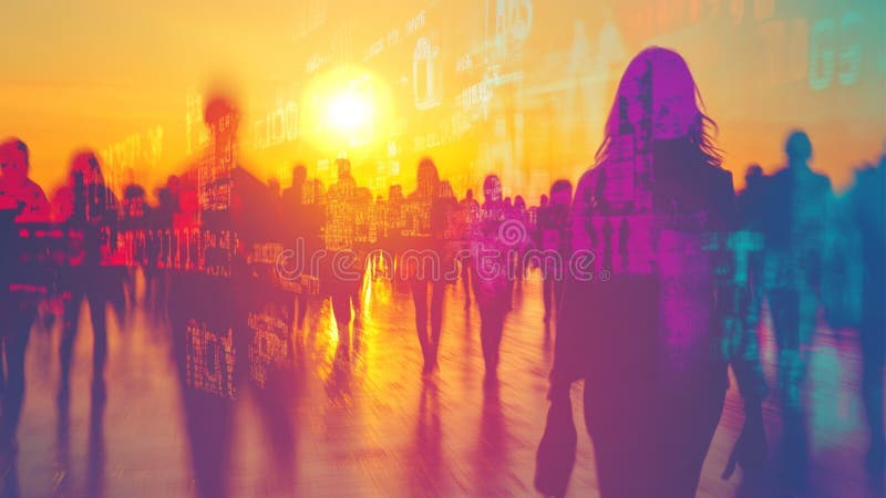 Group of People Silhouettes Walking at Sunset Sunrise and Numbers ...