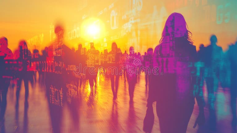 Group of People Silhouettes Walking at Sunset Sunrise and Numbers ...