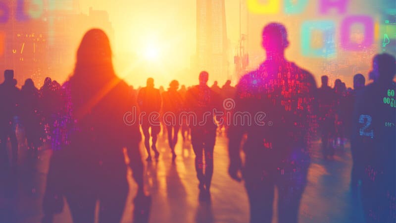 Group of People Silhouettes Walking at Sunset Sunrise and Numbers ...