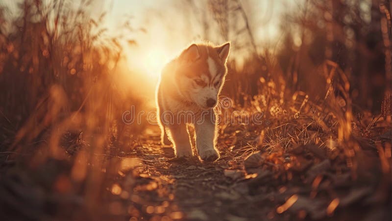 Very Cute Siberian Husky Dog in a Peaceful Meadow Field at Sunset or ...