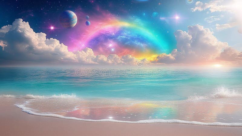 Magical Fantasy Peaceful Ocean Sea Beach Under Colorful Rainbow ...