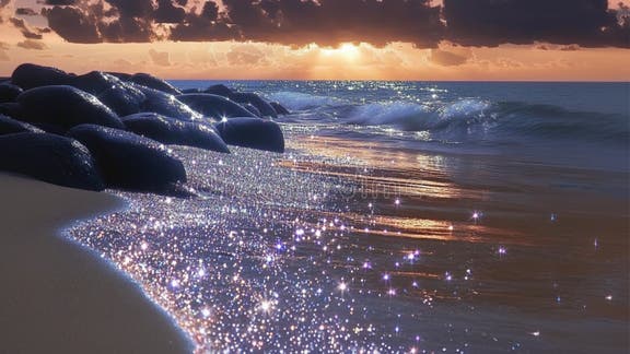 Magical Fantasy Fairytale Ocean Sea Beach Waves with Sparkling ...