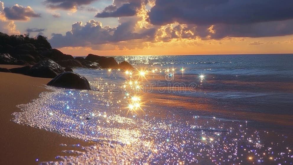 Magical Fantasy Fairytale Ocean Sea Beach Waves with Sparkling ...