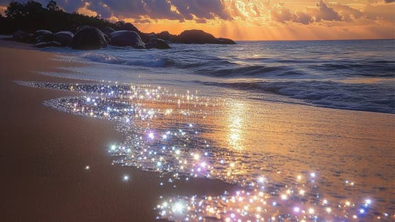 Magical Fantasy Fairytale Ocean Sea Beach Waves with Sparkling ...