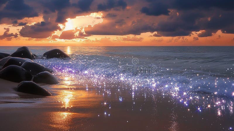 Magical Fantasy Fairytale Ocean Sea Beach Waves with Sparkling ...