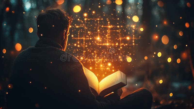 A Man Opening a Magical Fantasy Book of Spells with Golden Glitters ...
