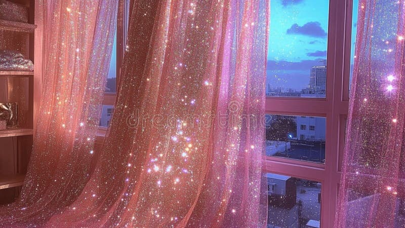 Feminine Girly Glitter Pink Window Curtains Flowing in a Sunset or ...