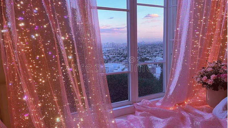 Feminine Girly Glitter Pink Window Curtains Flowing in a Sunset or ...