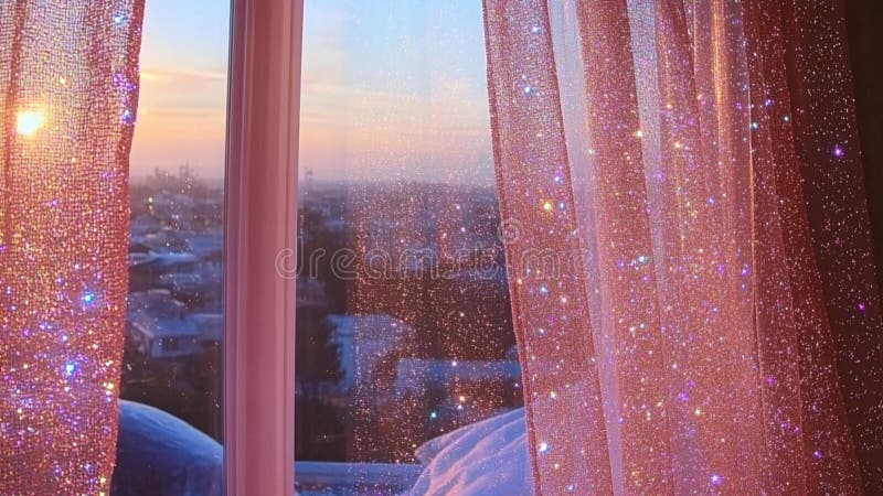 Feminine Girly Glitter Pink Window Curtains Flowing in a Sunset or ...