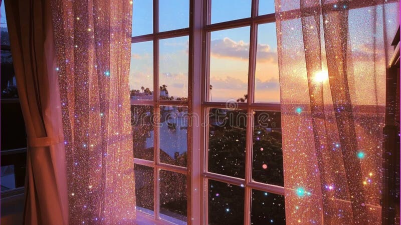 Feminine Girly Glitter Pink Window Curtains Flowing in a Sunset or ...