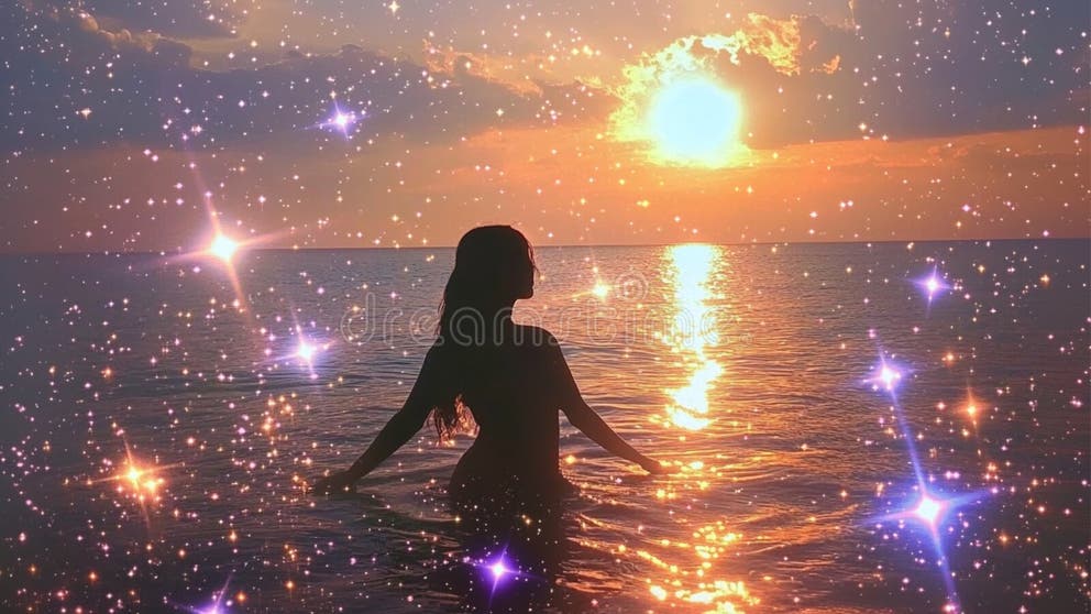A Woman Swimming in a Fantasy Magical Ocean Sea Water Covered in ...