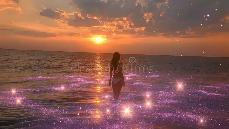 A Woman Walking on a Fantasy Magical Beach Sand Water Covered in ...