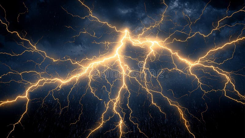 Bright Golden Electric Thunder Lightning in a Thunderstorm with Dark ...