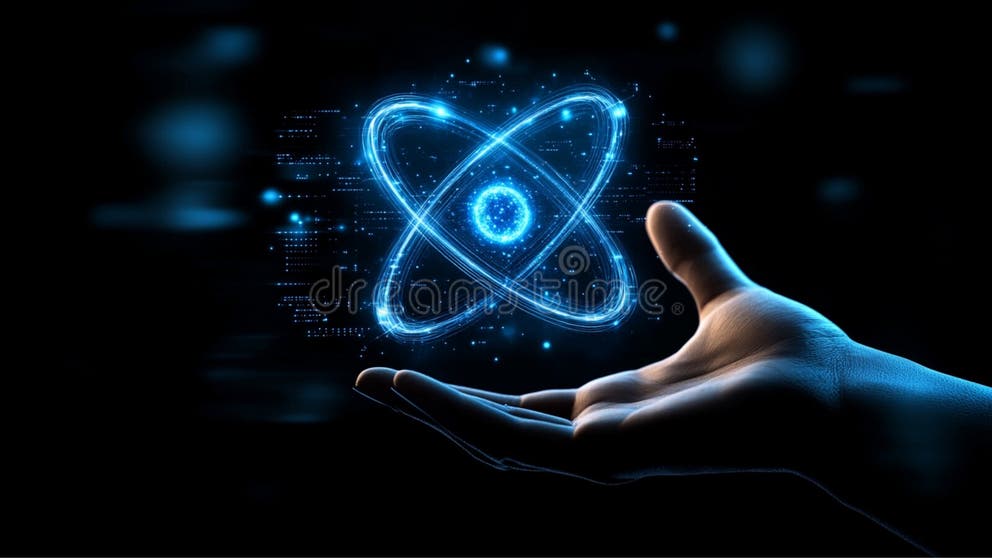 A Hand Holding a Glowing Atom (Protons, Electrons, Neutrons) Stock ...
