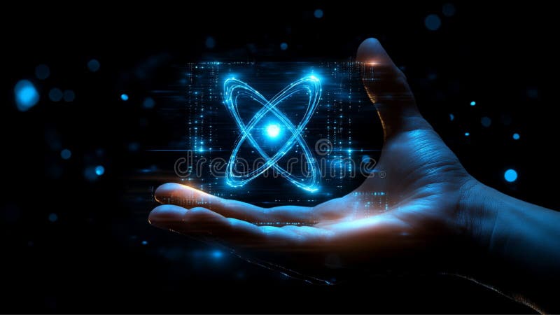 A Hand Holding a Glowing Atom (Protons, Electrons, Neutrons) Stock ...