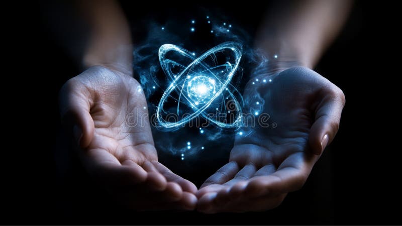 Female Hands Holding a Glowing Atom (Protons, Electrons, Neutrons ...