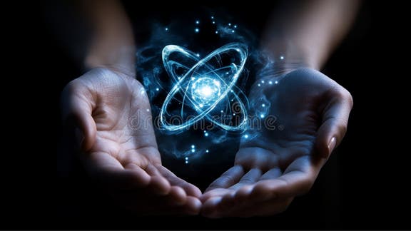 Female Hands Holding a Glowing Atom (Protons, Electrons, Neutrons ...