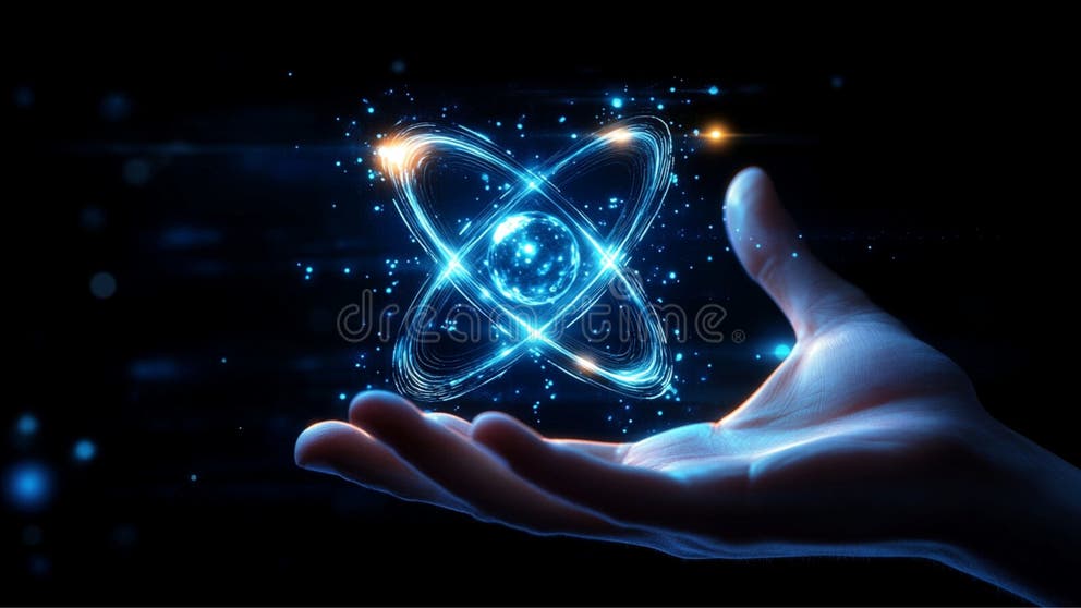 A Hand Holding a Glowing Atom (Protons, Electrons, Neutrons) Stock ...