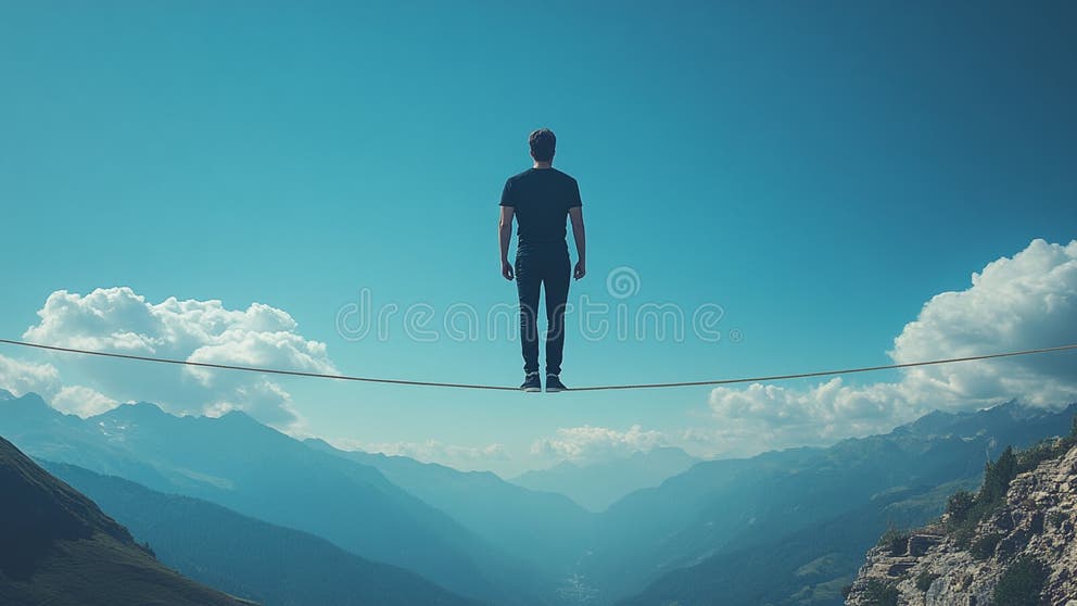 A Man Walking on a Tightrope in a Peaceful Blue Sky Background (Balance ...