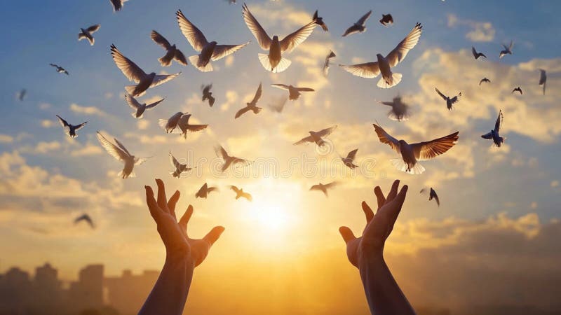 Hands Freeing Birds into the Blue Sky at Sunset or Sunrise (Freedom ...