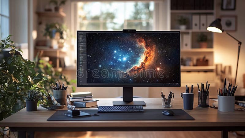 A Modern Office with a Computer Desk with a Windows PC Monitor Screen ...